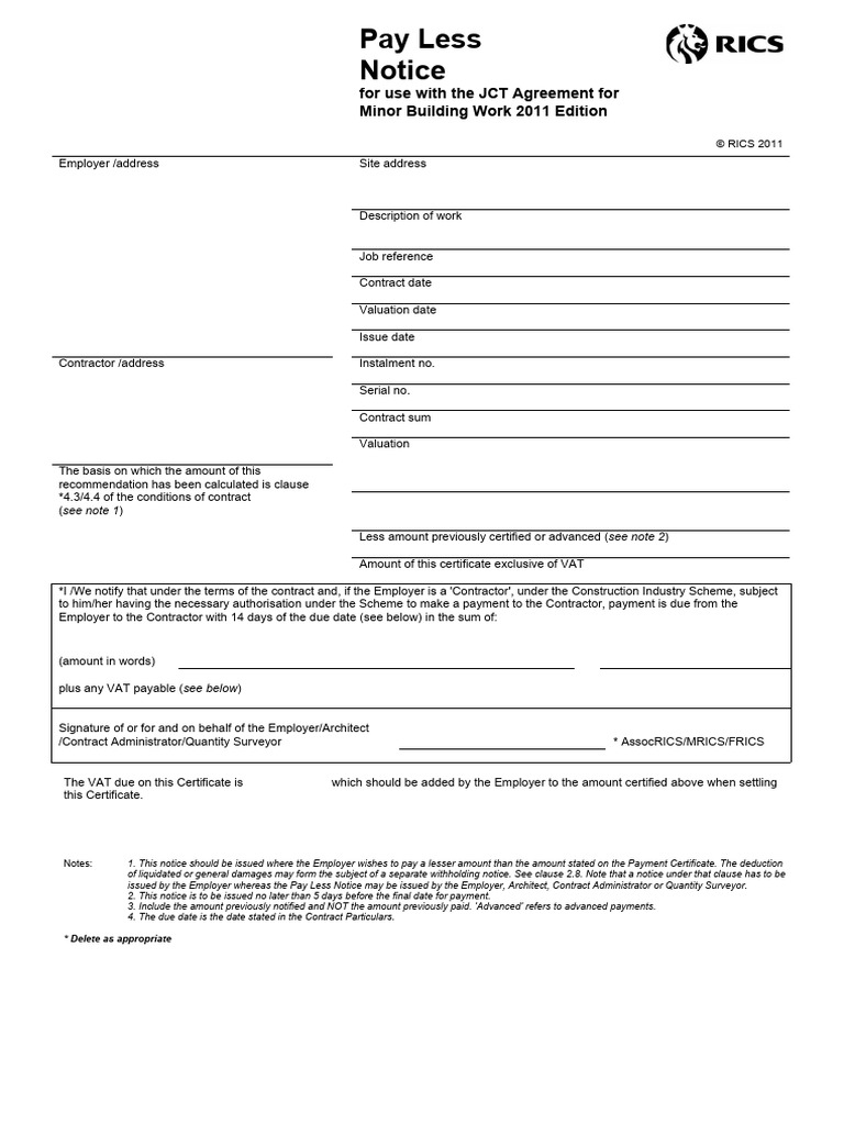 JCT Minor Works Pay Less Notice Template | PDF | Employment | Real ...