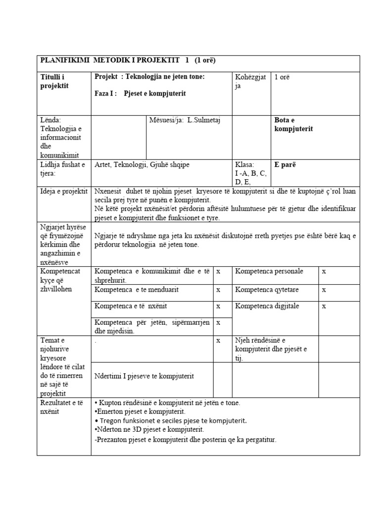 Plan Projekt kl4 Ora 1 | PDF
