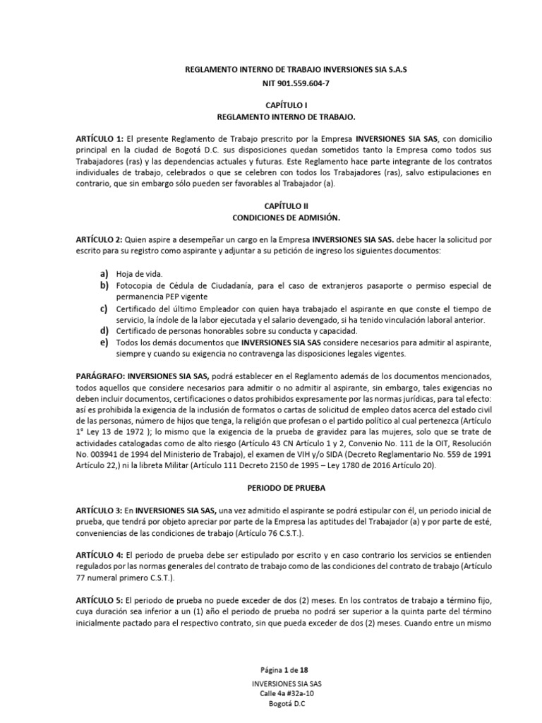 Reglamento Interno de Trabajo SIA SAS | PDF | Salario | Derecho laboral