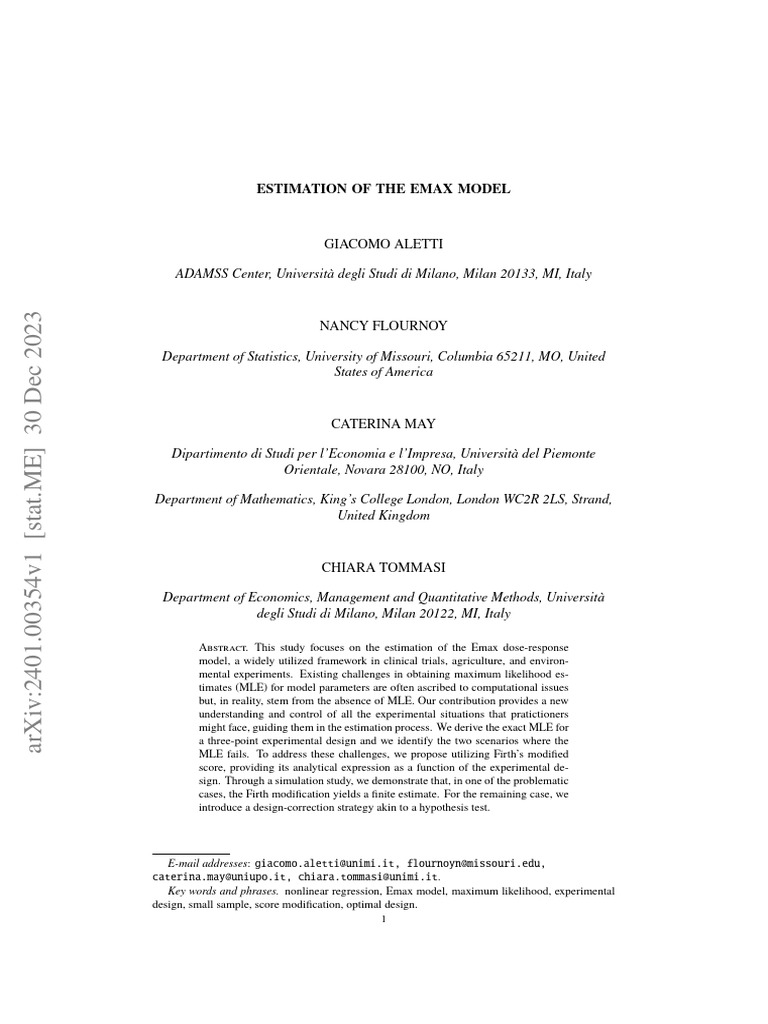 Estimation of The Emax Model: Giacomo Aletti | PDF | Estimator ...