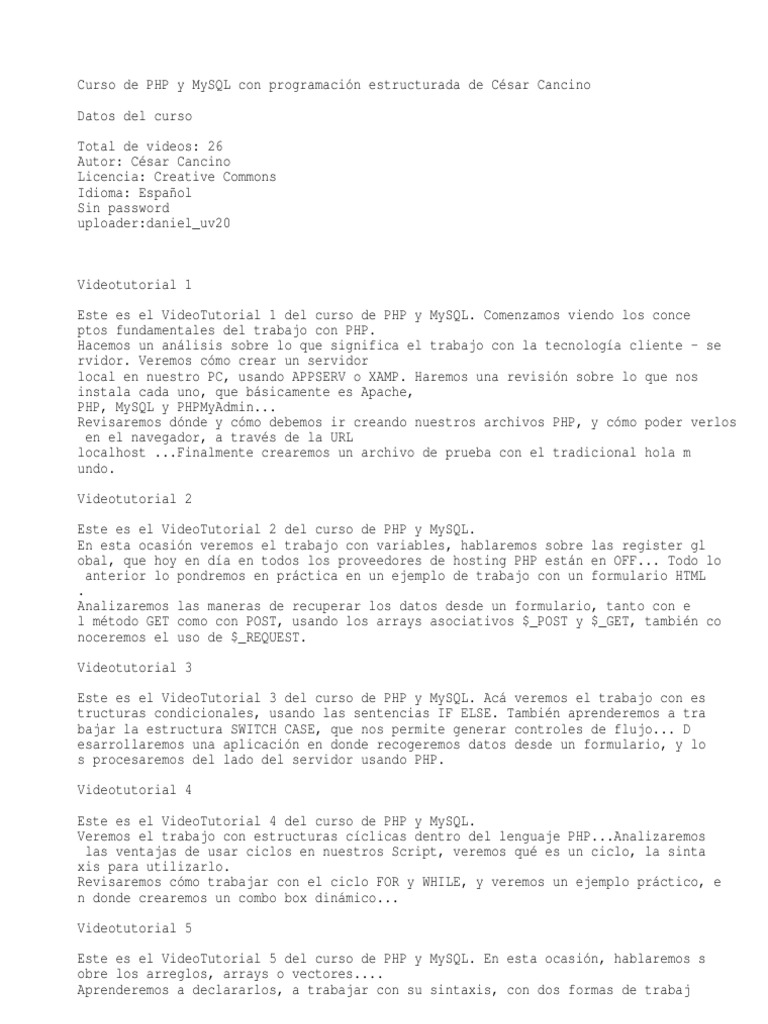 Curso de PHP y MySQL Con Programación Estructurada de César Cancino | Descargar gratis PDF | Php ...