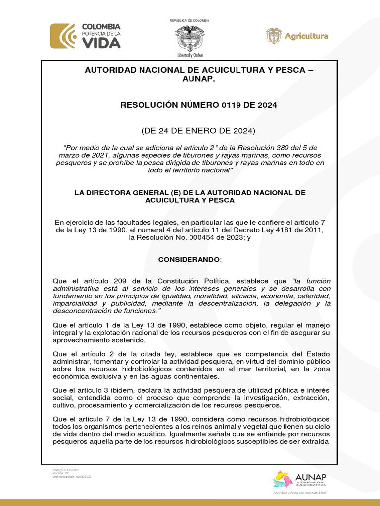 Resolucion Numero 0119 de 2024 | PDF | Pesquería | Tiburones