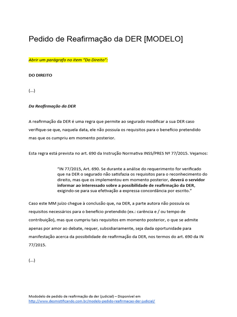 Pedido de Reafirmação Da DER MODELO | PDF
