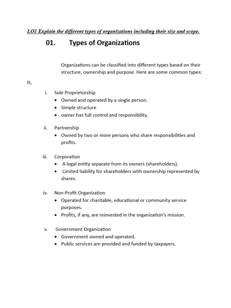 LO1 Explain The Different Types of Organizations Including Their Size ...