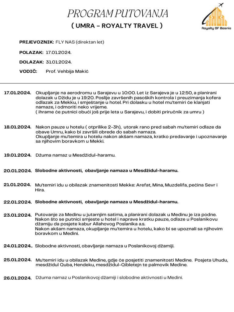 Program Putovanja Umra Januar 2024 | PDF