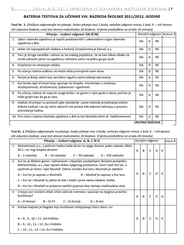 Konačni Test Za 8 Razred-04-05.12. Bihać 1. Takmičenje Iz Islamske ...