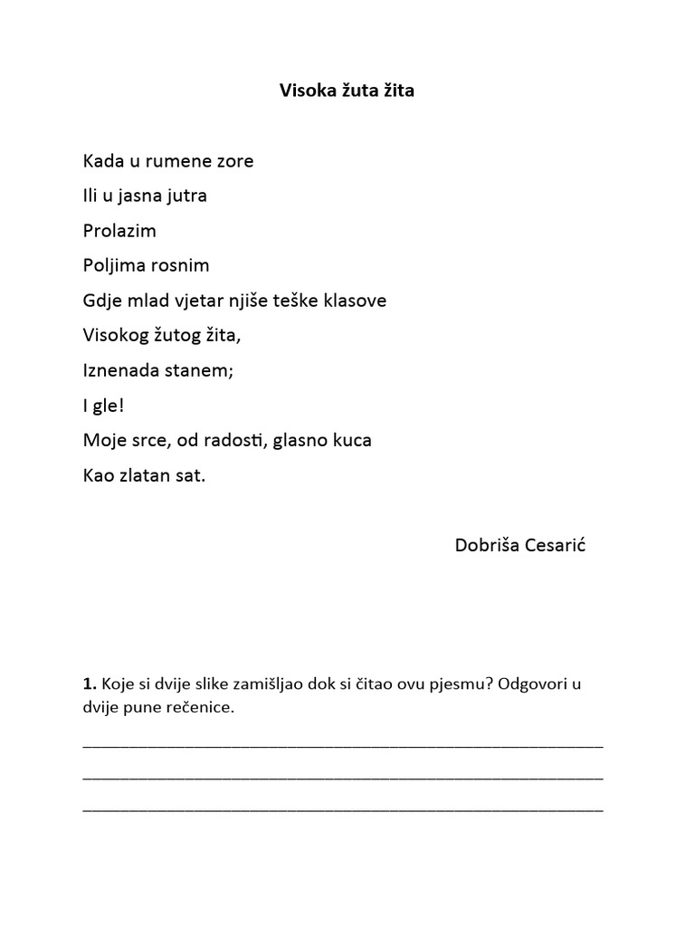 Visoka Žuta Žita - Čitanje S Razumijevanjem | PDF