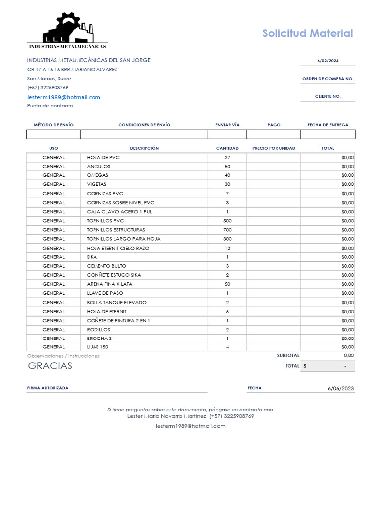 2 - Formato Solicitud Material | PDF | Materiales de construcción | Materiales