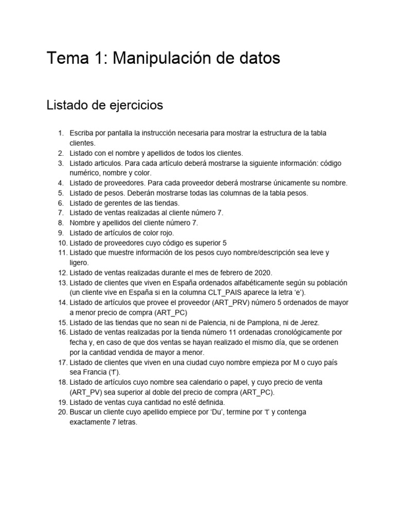 Ejercicios de Manipulación de Datos SQL | PDF | Finanzas y dinero