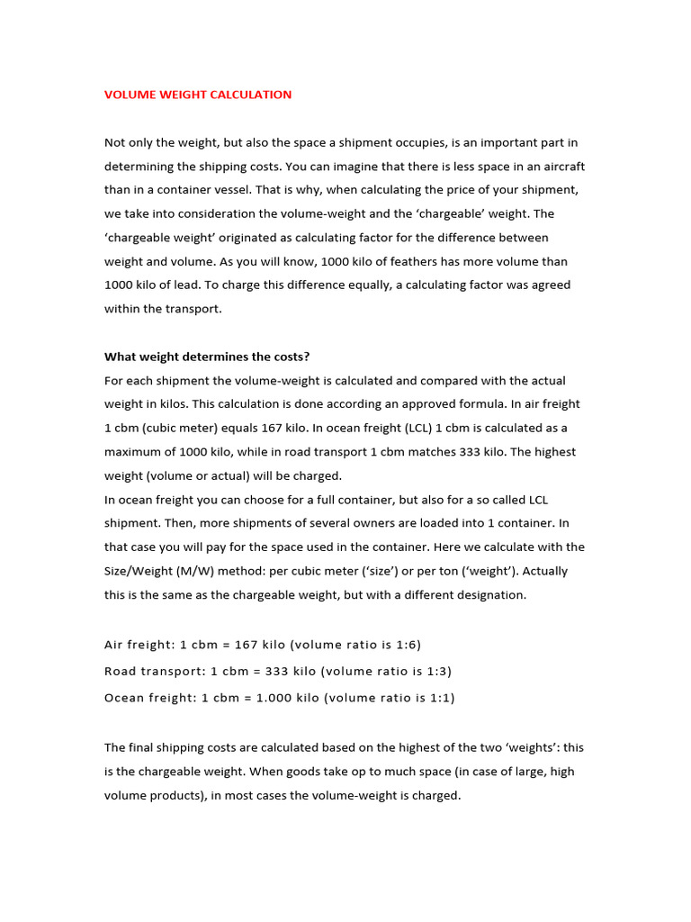 Volume Weight Calculations | PDF | Cargo | Volume