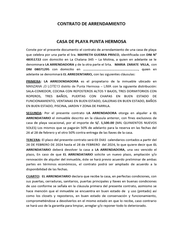 Contrato-Casa-de-Playa-MARIA ZARATE VILLA | PDF