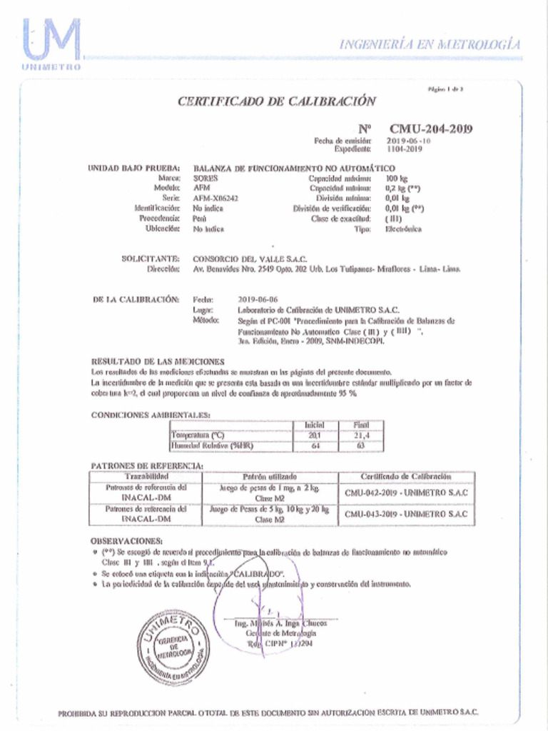 Certificado de Calibracion de La Balanza | PDF