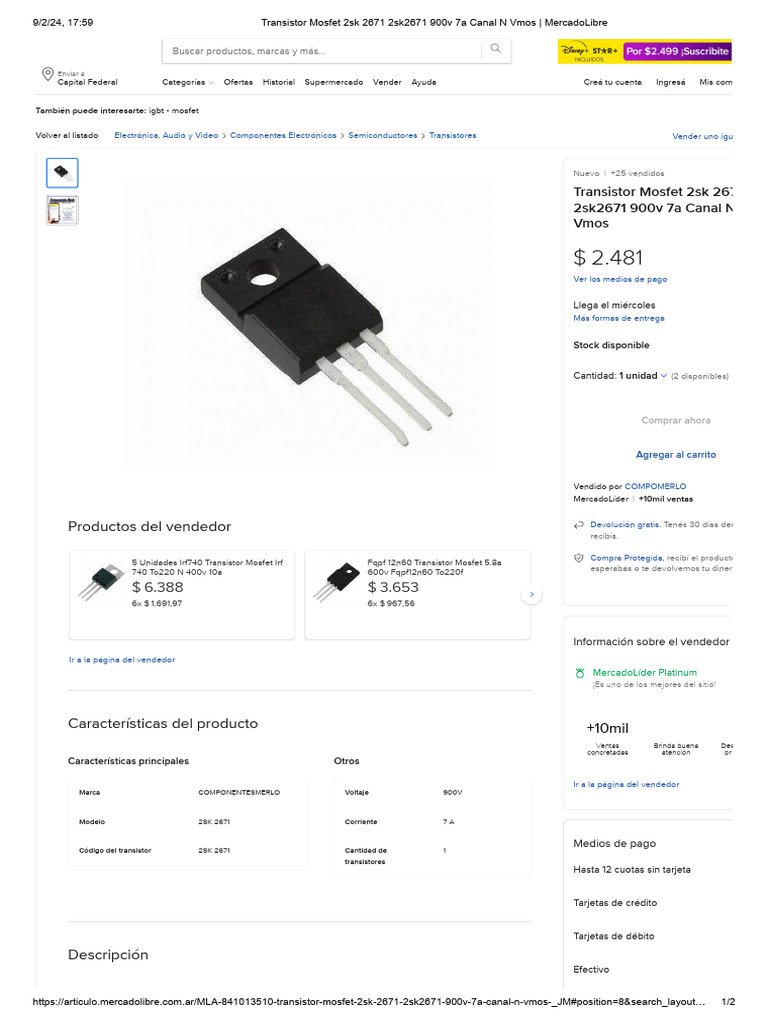 Transistor Mosfet 2sk 2671 2sk2671 900v 7a Canal N Vmos | PDF | Mosfet | Ingeniería Informática