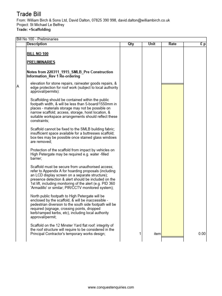 Trade Bill - -Scaffolding-Subcontractors Bill | PDF | Scaffolding ...