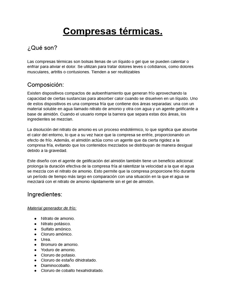 Compresas Térmicas: Uso y Composición | PDF | Nitrato | Agua