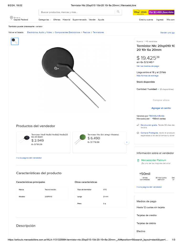 Termistor NTC 20sp010 10d-20 10r 6a 20mm | PDF