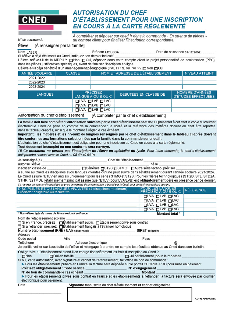 Autorisation d'inscription CNED 2023-2024 | PDF