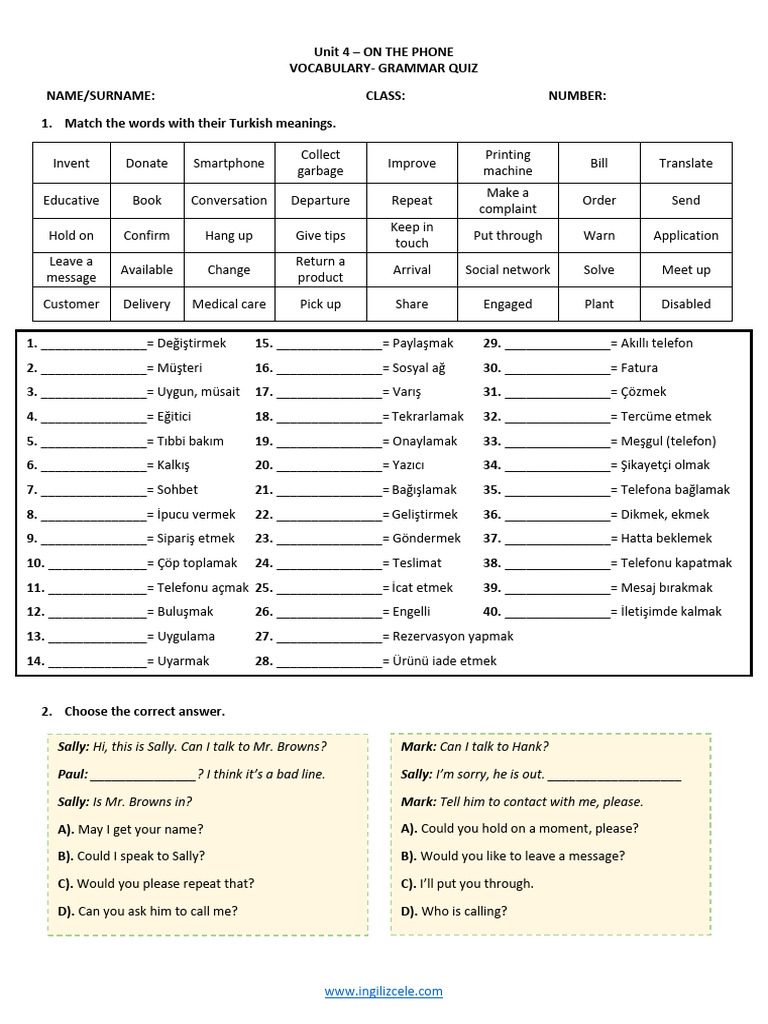 8 Sinif 4 Unite On The Phone Vocabulary Grammar Quiz | PDF | Human ...