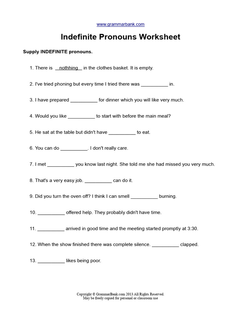 Indefinite Pronouns Worksheet | PDF