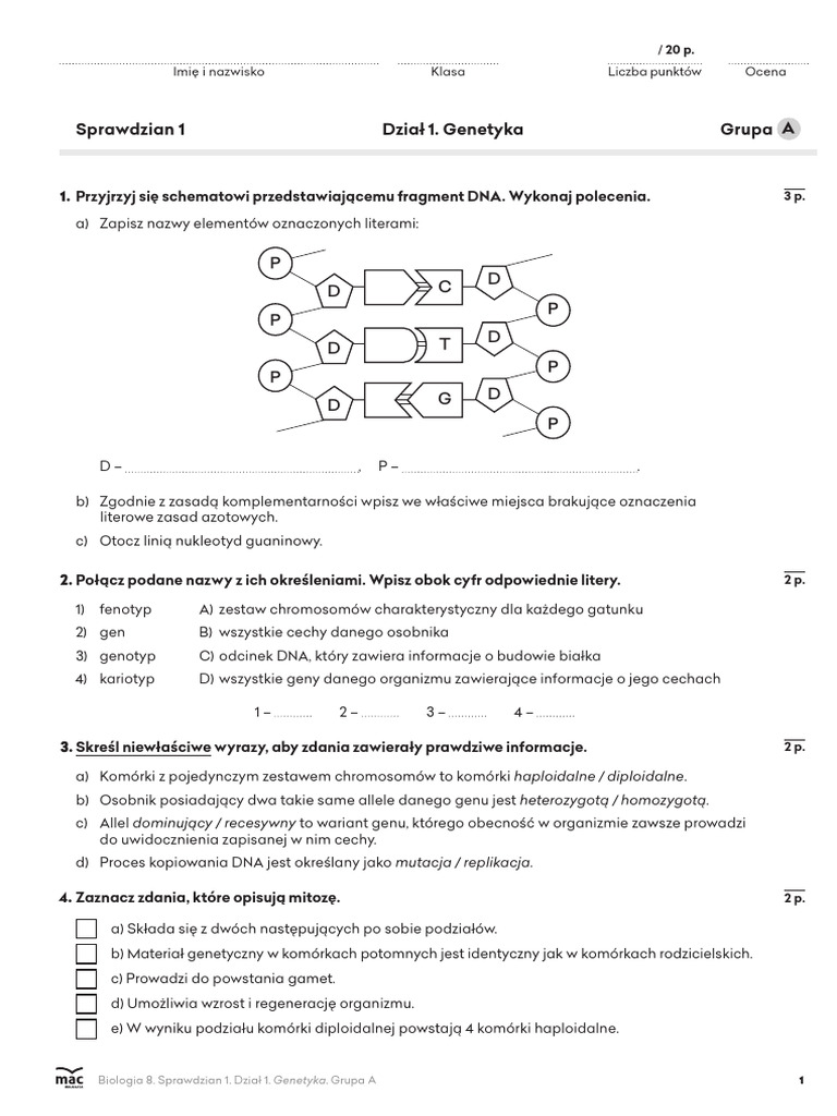 SPR 01 Sprawdzian Dzial 1 KL 8 Biologia | PDF