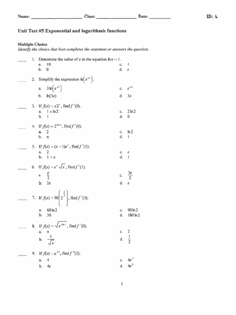 MCV 4U1 Unit Test #5 Exponential and Logarithmic Functions Night School ...