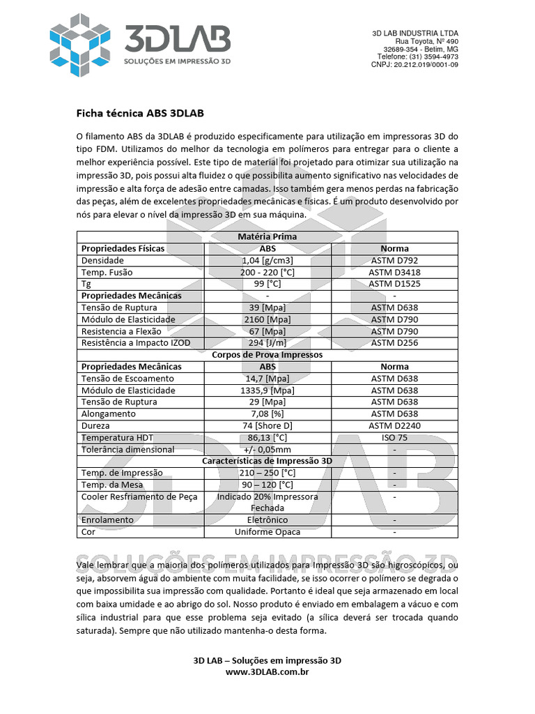 Data Sheet Filamento ABS 3DLAB | PDF | Impressão 3D | Polímeros