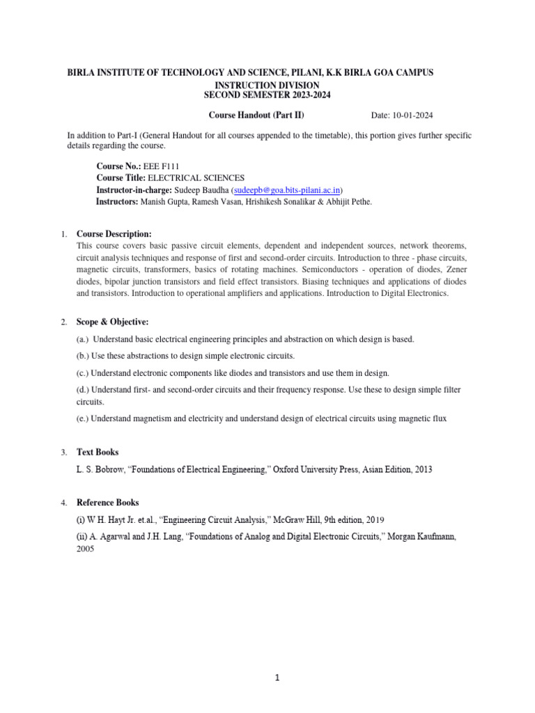 Eee F111 Handout Ii Sem 2023 2024 Pdf Bipolar Junction Transistor Electrical Network 