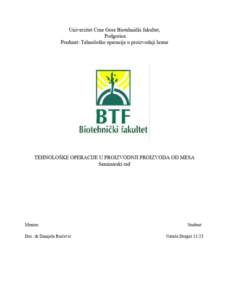 Tehnološke operacije u proizvodnji proizvoda od mesa-Seminarski rad | PDF