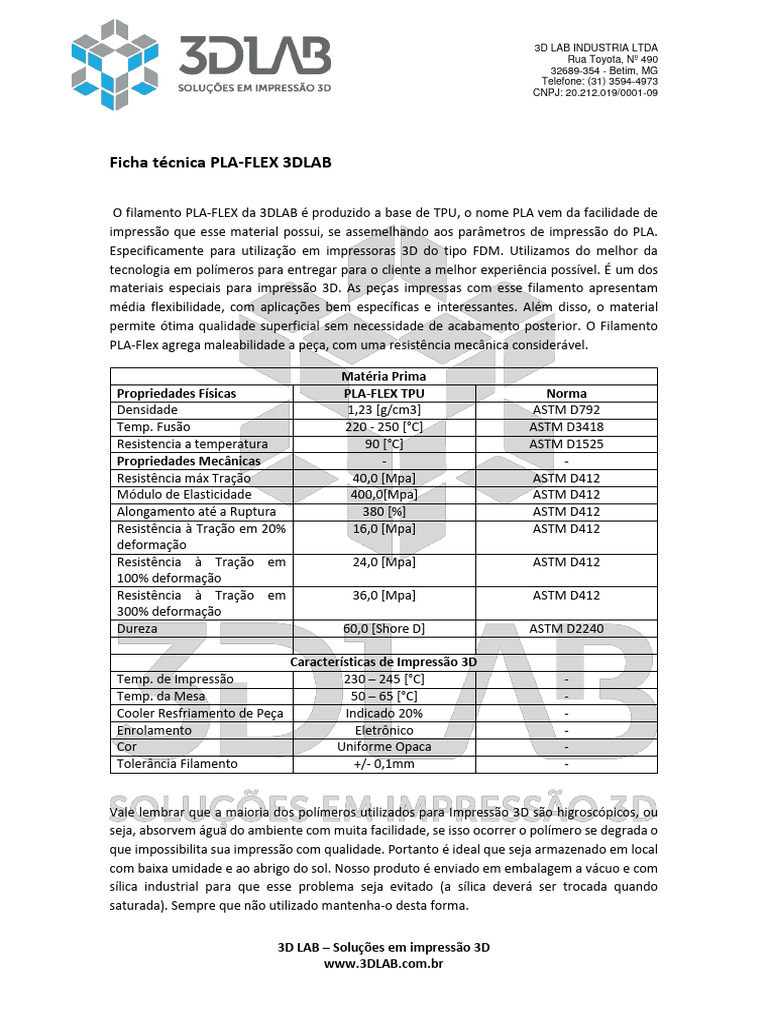 Data Sheet Filamento TPU 65 D - PLA-FLEX 3DLAB | PDF | Impressão 3D | Polímeros