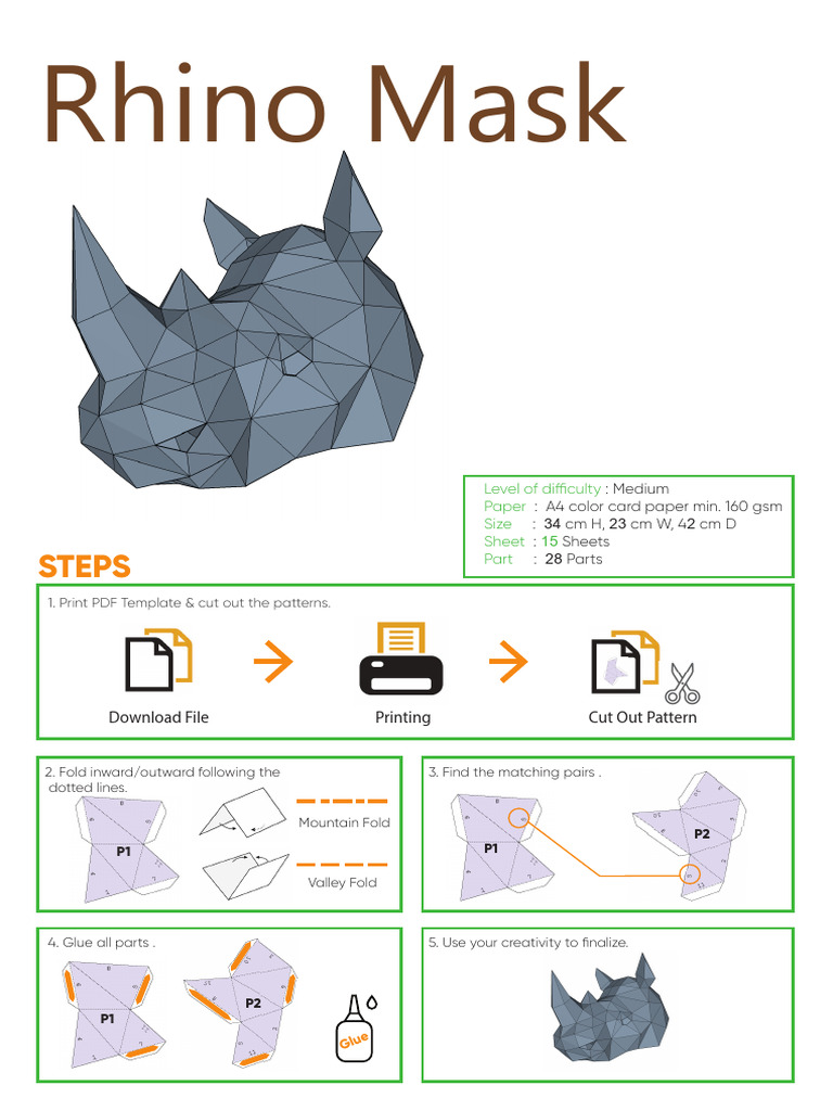 Free Printable 3D Rhino Mask Template | PDF
