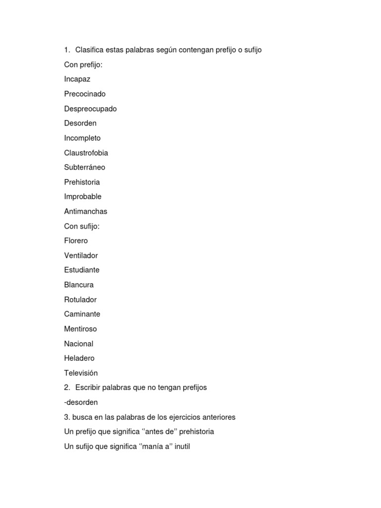 Clasifica Estas Palabras Según Contengan Prefijo o Sufijo | PDF