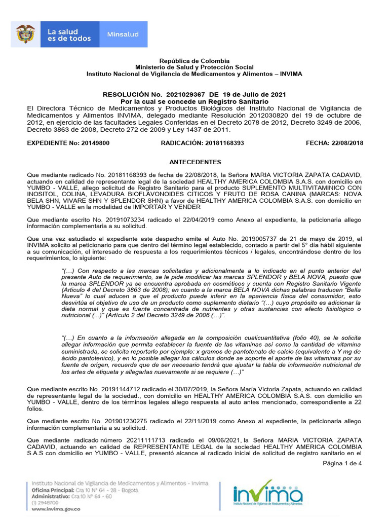 361 - Registro Beautonic SNH | PDF | Colombia | Suplementos dietéticos