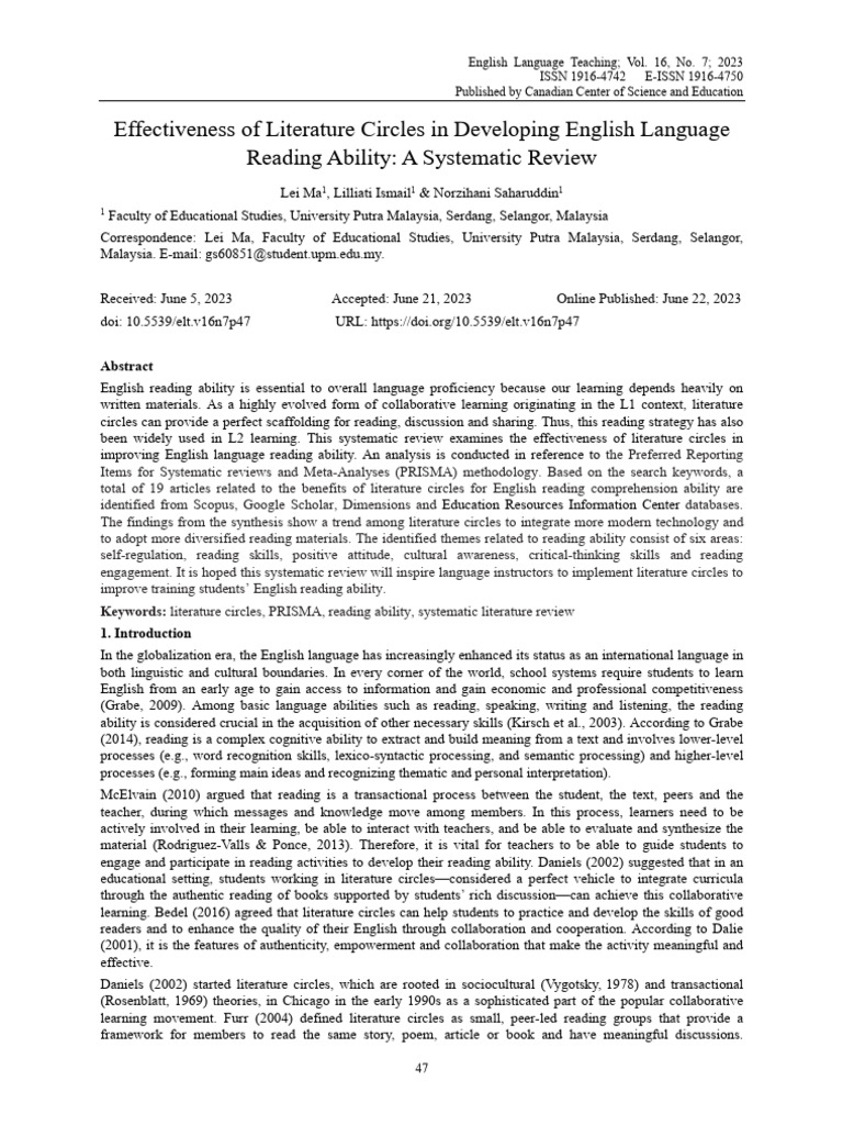 Literature Circles Enhance Reading Skills | PDF | Systematic Review ...
