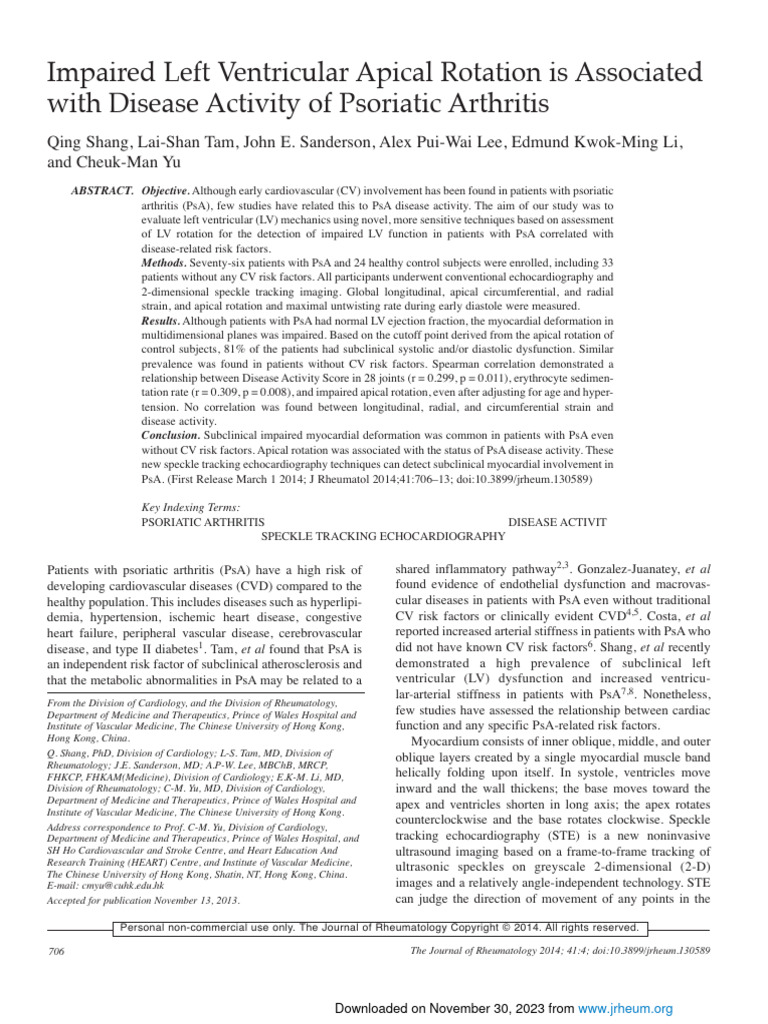 Impaired Left Ventricular Apical Rotation Is Associated With Disease Activity of Psoriatic ...