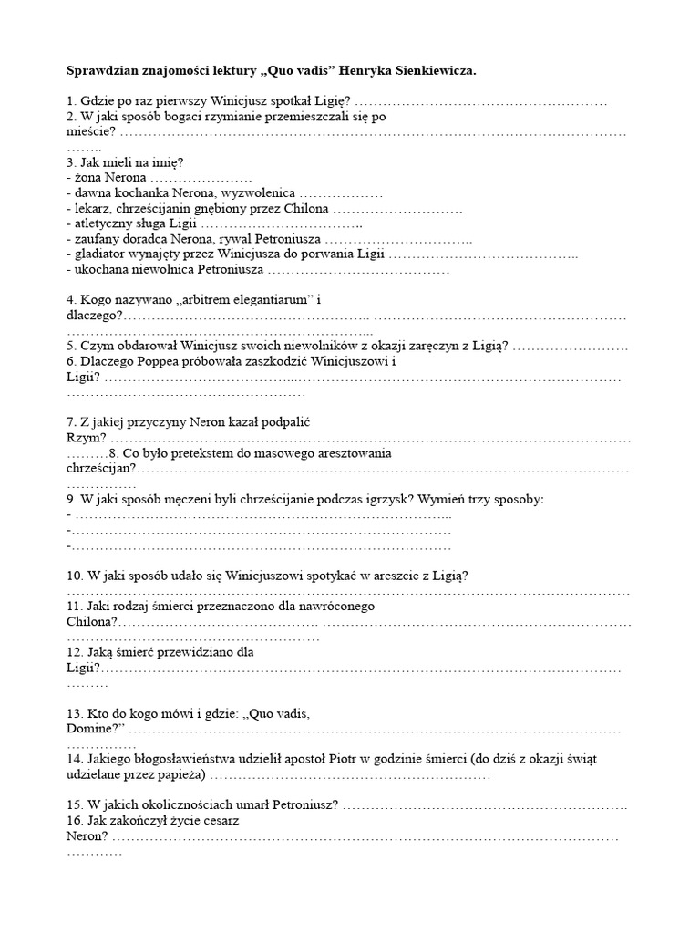 Jezyk Polski Quo Vadis Sprawdzian Klasa 8a | PDF