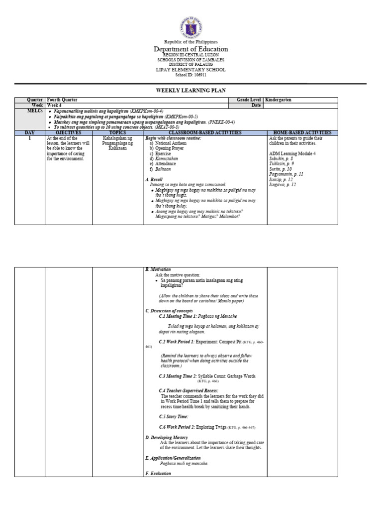 Kindergarten WLP-Q4-Week 4 Asf | PDF | Waste | Economy And The Environment