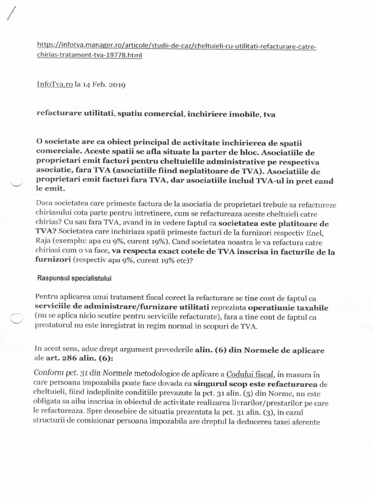 TVA - Refacturare Utilitati, Inchiriere Imobile | PDF