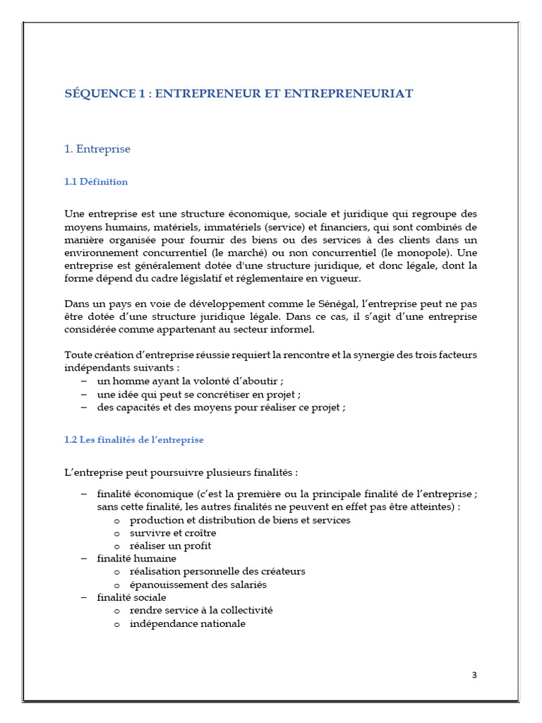 Entreprenariat - Séquence 1 | PDF | Business | Entrepreneuriat
