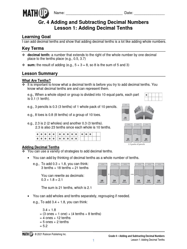 Adding Decimal Tenths for Grade 4 | PDF | Numbers | Mathematics