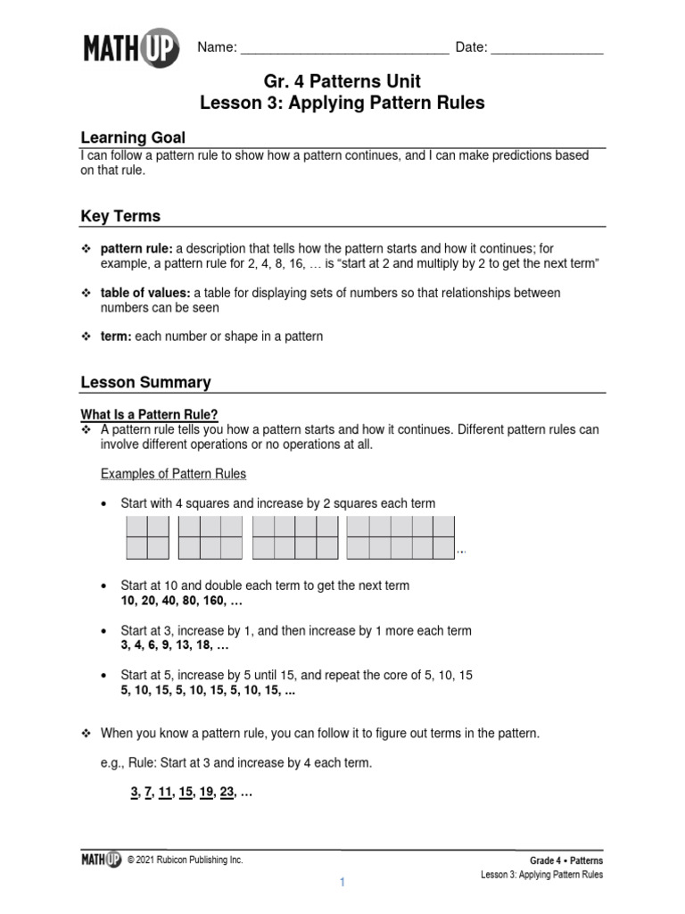 MathUp Patterns 03 Applying Pattern Rules (Gr. 4) | PDF | Cognition ...
