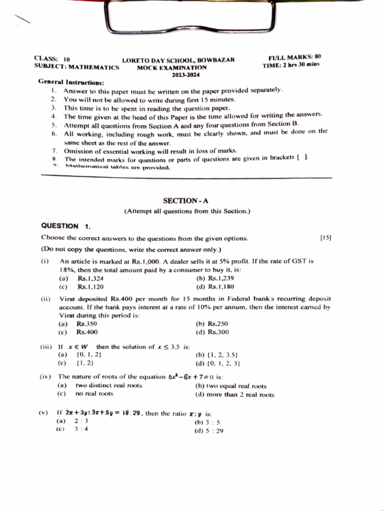 Pre Boards Maths (LORETO) | PDF | Circle | Interest