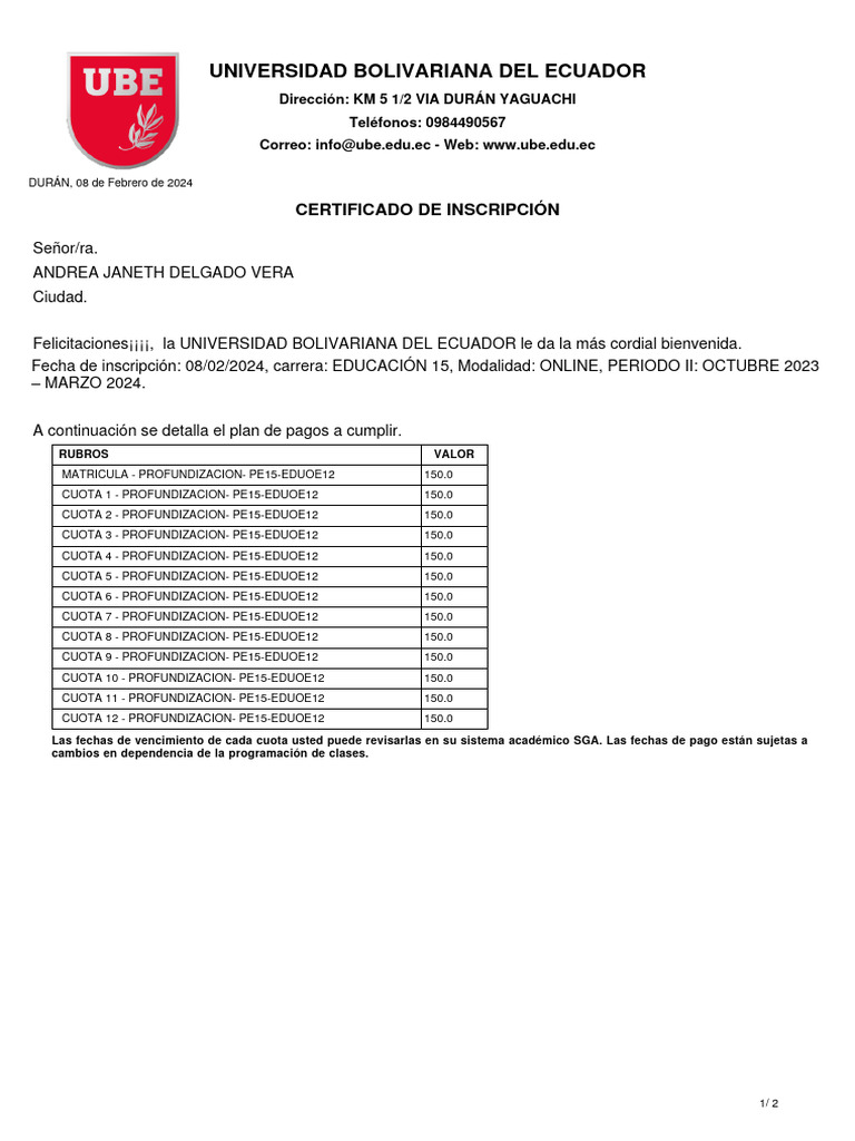 Certificado de Inscripcion | PDF
