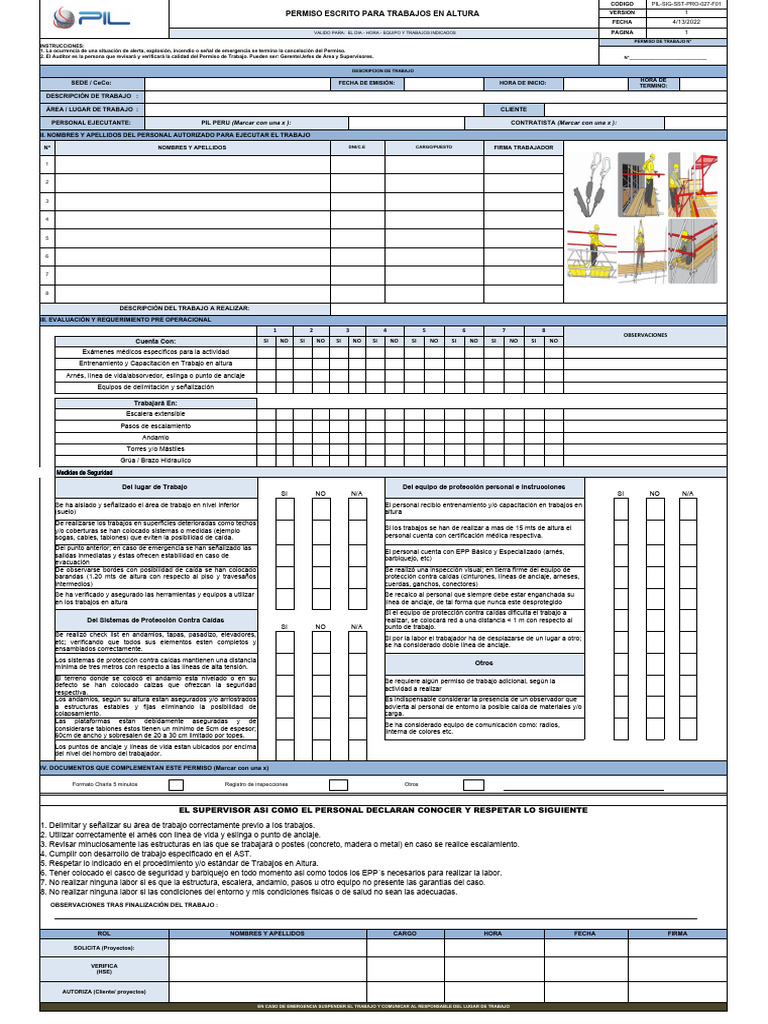 PIL-SIG-SST-PRO-027-F01 Permiso para Trabajos en Altura | PDF