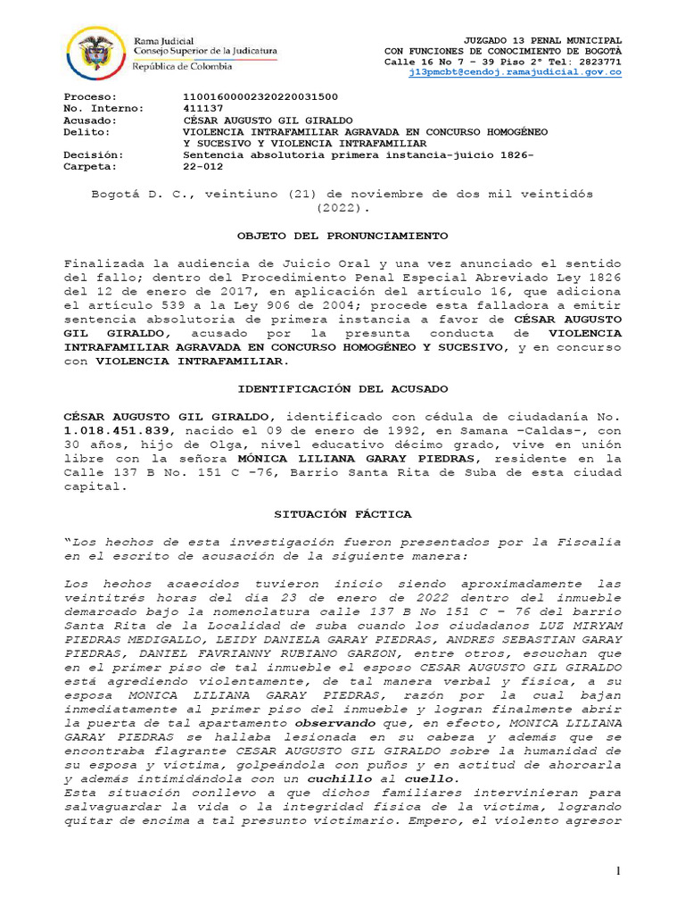 Sentencia Absolutoria 22-012 | PDF | Derecho penal | Fiscal