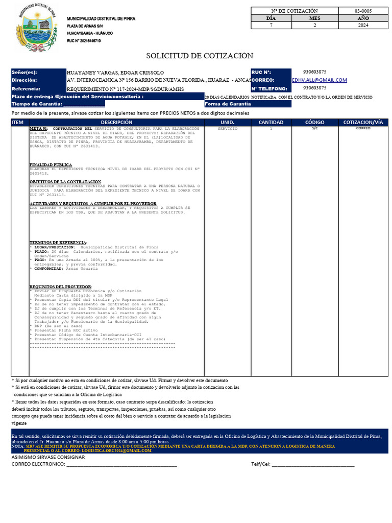 Solicitud de Cotización #0005-2024 - Consultoria Expedente IOARR Ushca ...