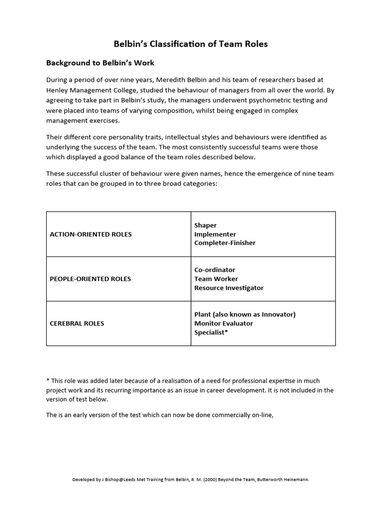 Belbin Self Perception Inventory Self Assessment 2 | PDF | Cognitive Psychology | Cognitive Science