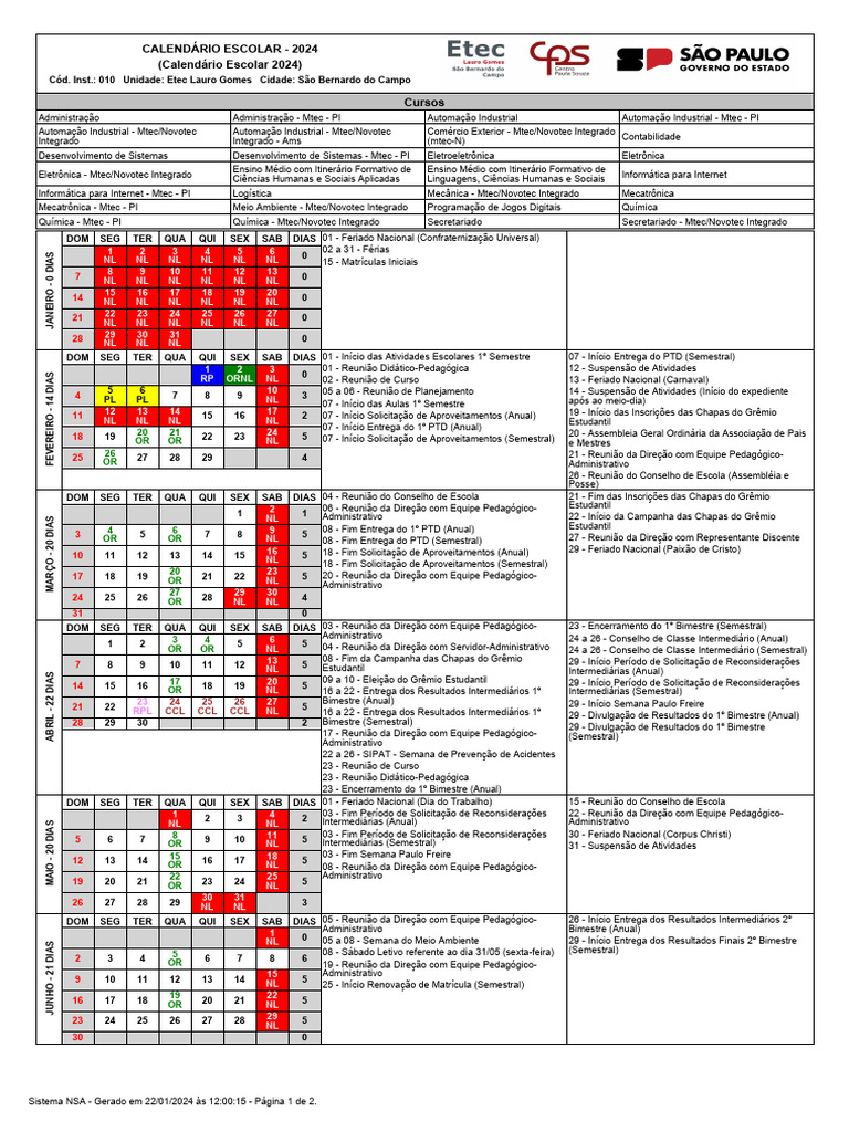 Calendário Escolar 2024 - 22.01.2024 | PDF