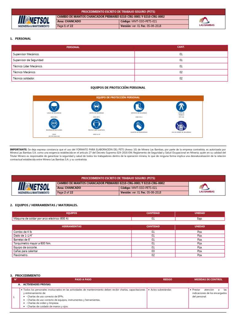 MMT-SSO-PETS-021 PETS Cambio de Mantos Chancador Primario 0210-CRG-0001 ...
