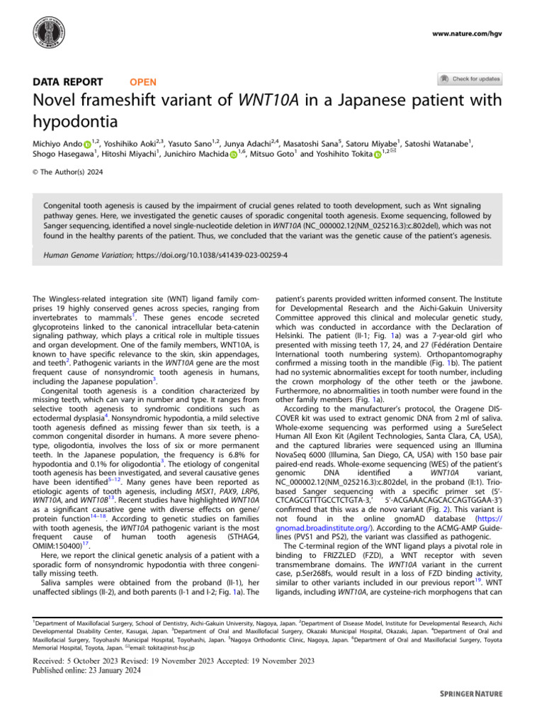 Novel Frameshift Variant of WNT10A in A Japanese Patient With ...