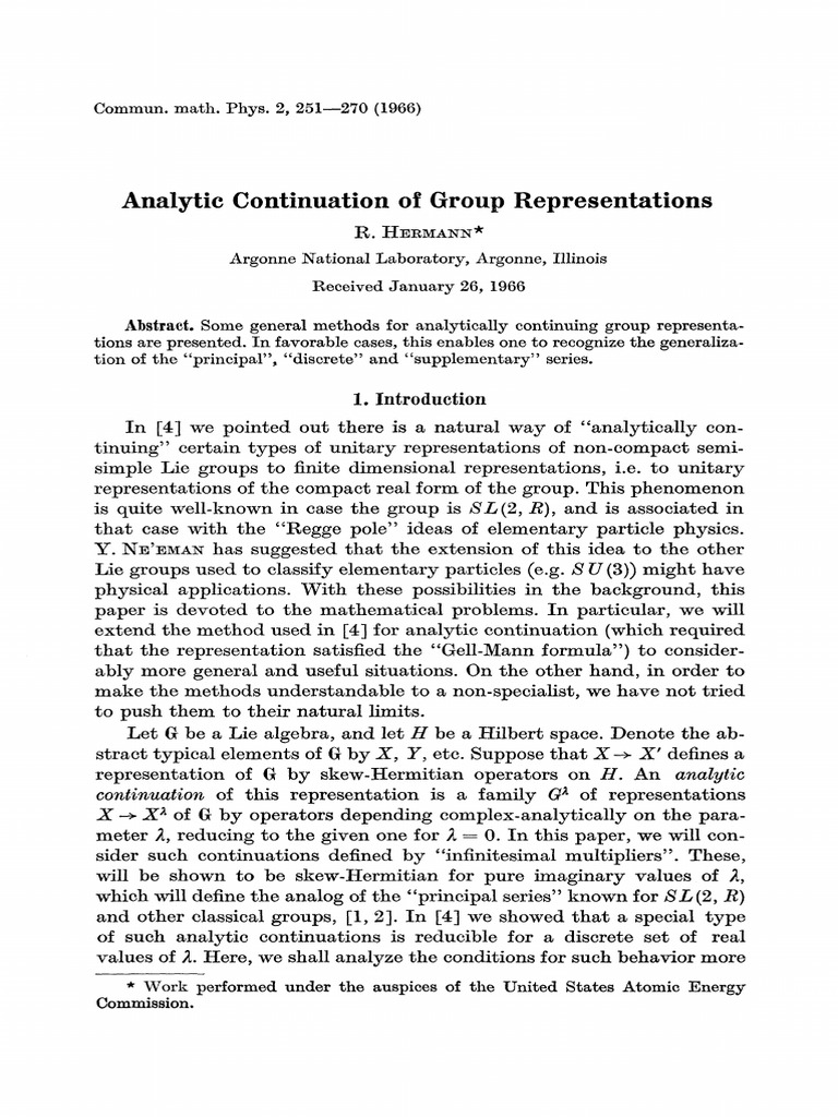 Analytic Continuation of Group Representations: Continuation of This Representation Is A Family ...